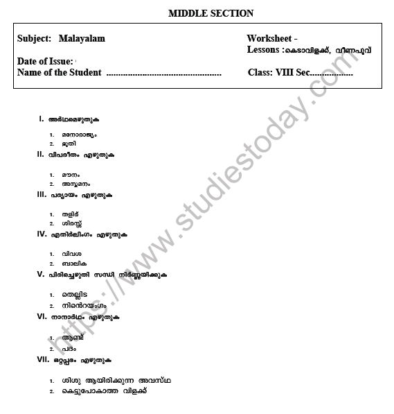 CBSE Class 8 Malayalam Practice Worksheet Set P